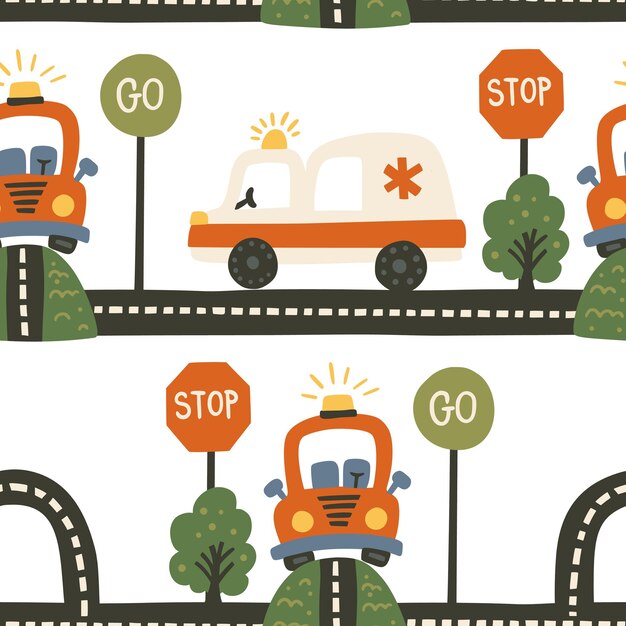 Vibrant Roadway Adventure with Whimsical Vehicles and Traffic Signs ...