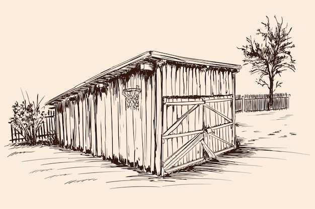 Weathered Wooden Barn Surrounded by Rustic Fencing and Lone Tree ...