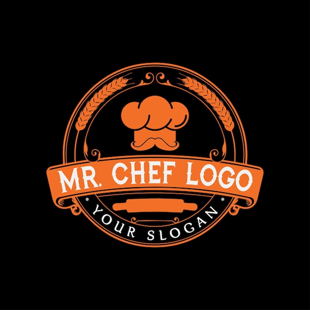 Elegant chef's hat emblem with flourished border and slogan | Jiffy Designs