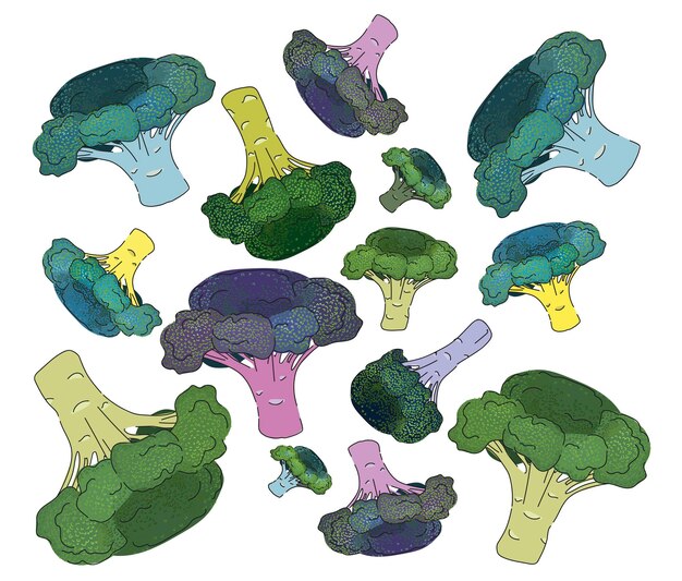 Vibrant Assortment of Whimsical Broccoli and Eggplant Illustrations ...