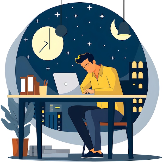 Productive Night Owl Typing Away at Laptop Under Starry Sky | Jiffy Designs