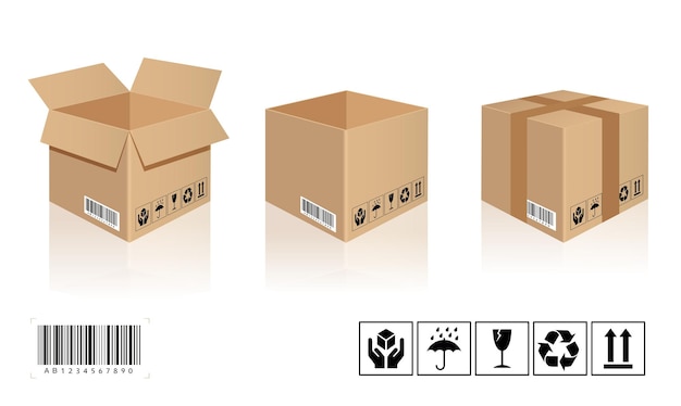 Assortment of Cardboard Shipping Boxes with Barcodes and Handling Icons ...