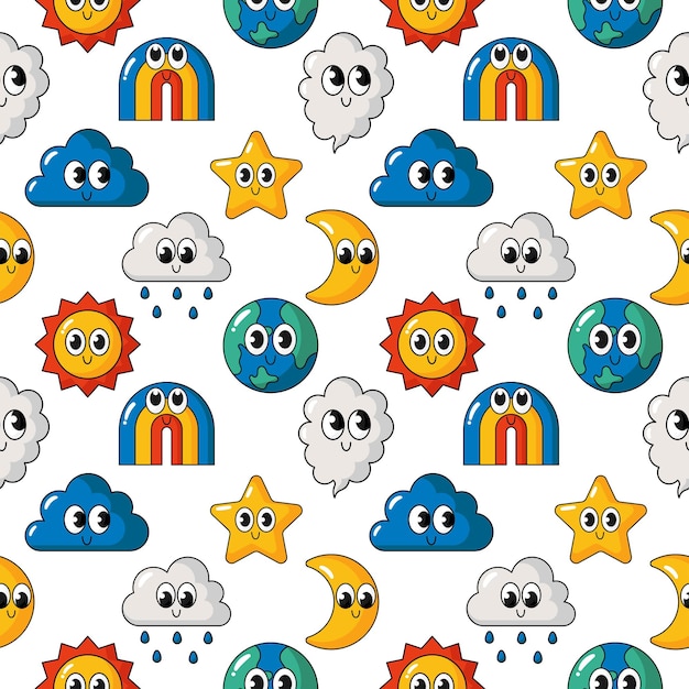 Vibrant Cartoon Weather Elements Pattern on White Background | Jiffy ...