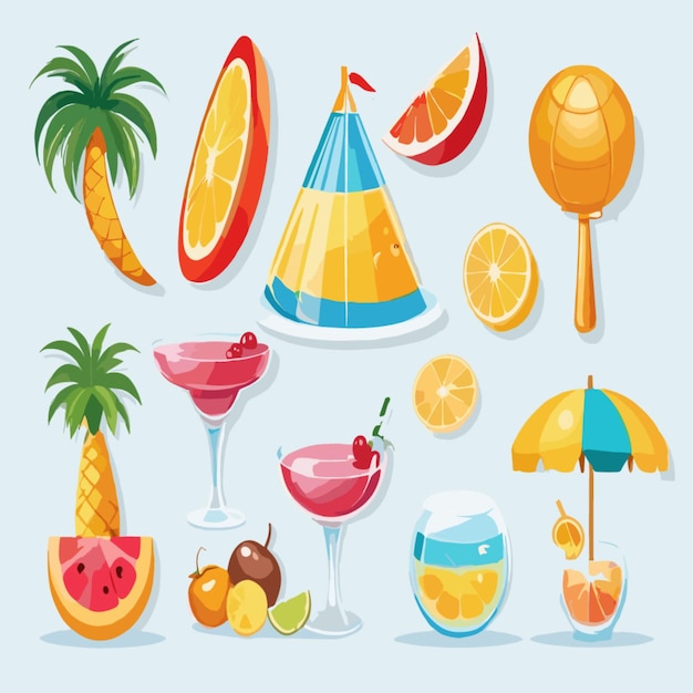 Vibrant Summer Icon Collection Featuring Tropical Fruits and Beach ...