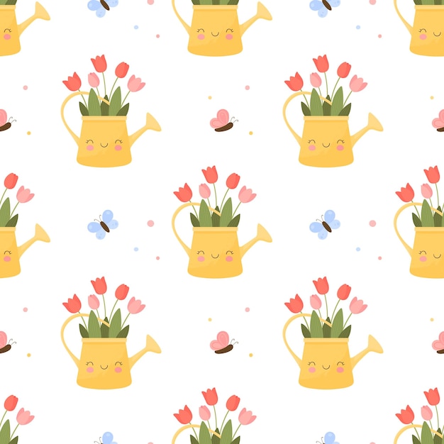 Whimsical Watering Can Pattern with Tulips and Butterflies | Jiffy Designs