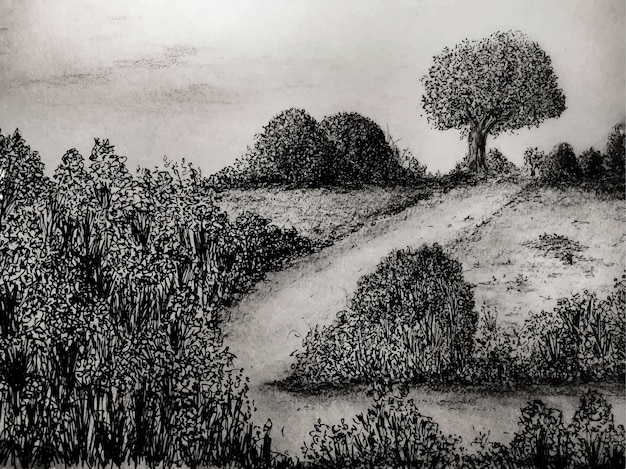 Intricate Pen Landscape with Winding Path and Lone Tree | Jiffy Designs