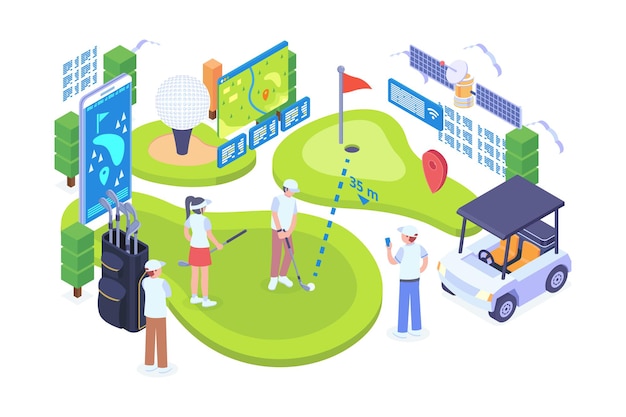 Vibrant Isometric Golf Course with Golfers and Clubhouse | Jiffy Designs
