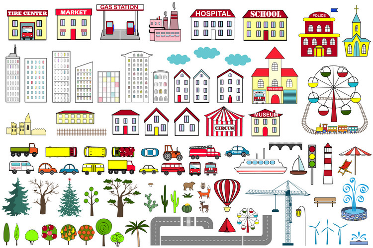 Set Of Cartoon City Map Elements. Vector Illustration. Buildings, Cars ...