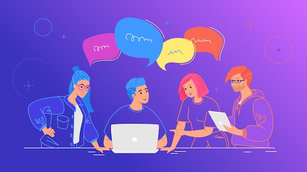 Vibrant Team Collaborating with Laptop and Speech Bubbles | Jiffy Designs