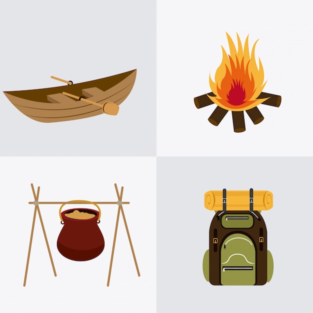 Vibrant Camping Essentials Collection: Boat, Campfire, Cookware, and Backpack | Jiffy Designs
