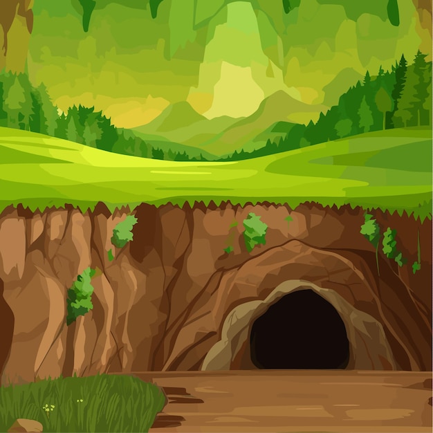 Lush Green Valley with Majestic Mountain Backdrop and Rustic Cave ...