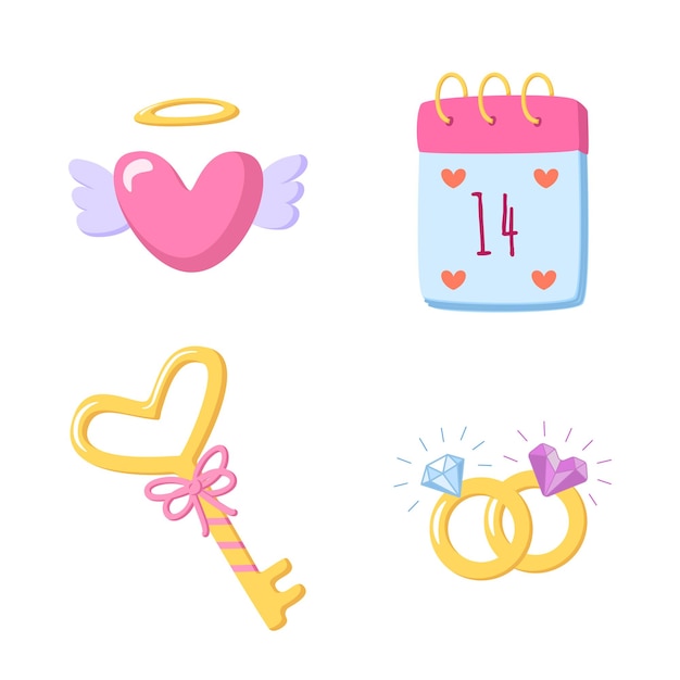 Whimsical Valentine's Day Symbols: Heart, Calendar, Key, Rings | Jiffy ...