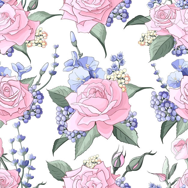 Elegant Pink Roses and Bluebells Floral Pattern Illustration | Jiffy ...