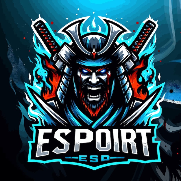Fierce Samurai Warrior Emblem with Flaming Swords | Jiffy Designs