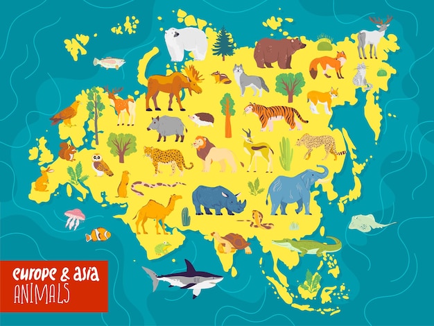 Vibrant Map of Diverse Asian and European Wildlife | Jiffy Designs