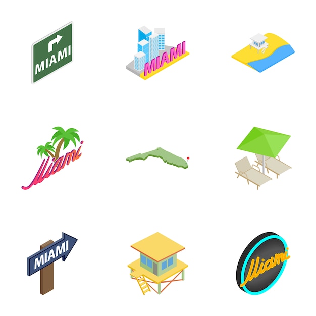 Vibrant Isometric Miami-Themed Icon Collection | Jiffy Designs