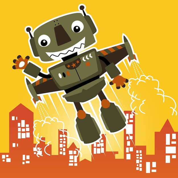 Playful Robot Stomping Through Vibrant Cityscape | Jiffy Designs
