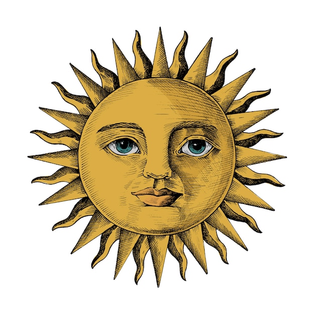 Vintage-Style Sun Face with Radiating Golden Rays and Blue Eyes | Jiffy ...