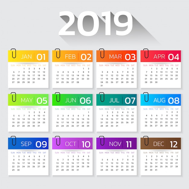 Vibrant 2019 Calendar with Colorful Numbered Dates | Jiffy Designs