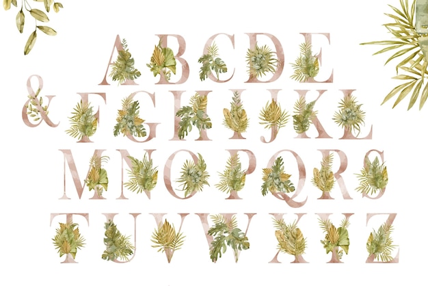 Botanical Alphabet with Lush Green and Golden Foliage Illustrations ...