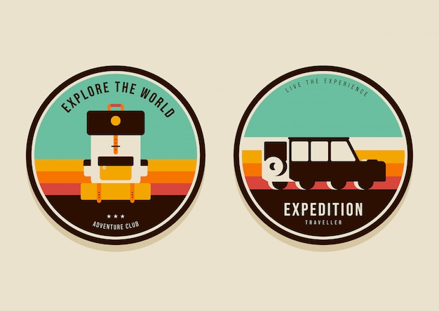 Vibrant Vintage Exploration Badges with Retro Train and Campfire ...