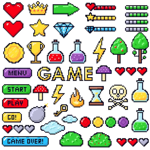 Vibrant Pixel Art Game Elements Collection | Jiffy Designs