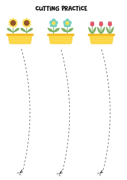 Cutting Practice Worksheet with Flower Pots and Dotted Lines | Jiffy ...