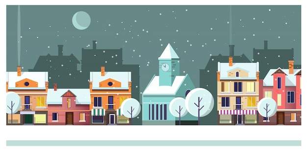 Charming Snowy Cityscape with Cozy Homes and Iconic Architecture ...