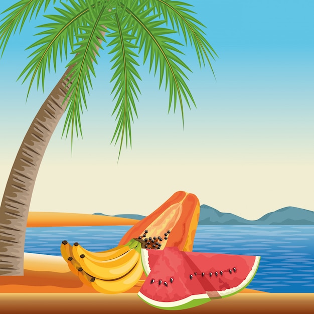Vibrant Tropical Beach Scene with Lush Palms and Juicy Fruit | Jiffy ...