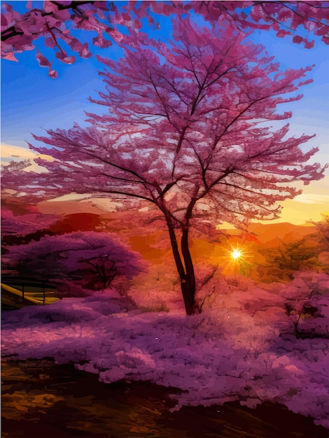 Vibrant Cherry Blossom Tree Illuminated by Stunning Sunset | Jiffy Designs