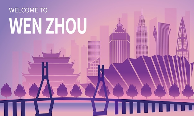 Vibrant Skyline of Wen Zhou: Skyscrapers, Pagoda, and Bridges | Jiffy Designs