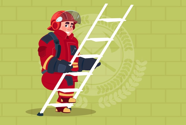 Firefighter Climbing Ladder with Laptop on Brick Wall Background ...