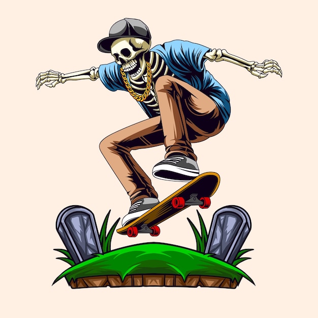 Skeleton Skateboarder Shredding on Grassy Ramp | Jiffy Designs