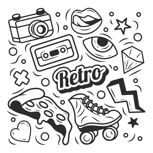 Nostalgic Retro Symbols: Camera, Cassette, and Roller Skates | Jiffy ...
