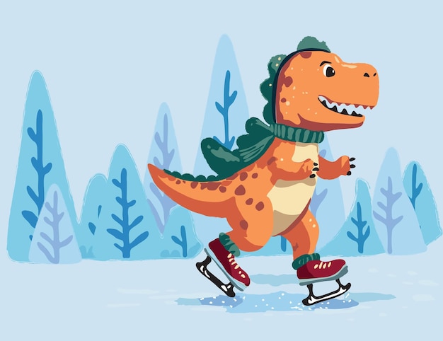 Cheerful Dinosaur Ice Skating Through Snowy Wonderland | Jiffy Designs
