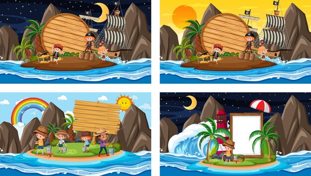 Whimsical Tropical Island Adventure Scenes with Cartoon Characters ...