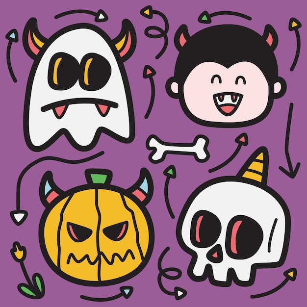 Playful Spooky Creatures Doodles on Purple Background | Jiffy Designs