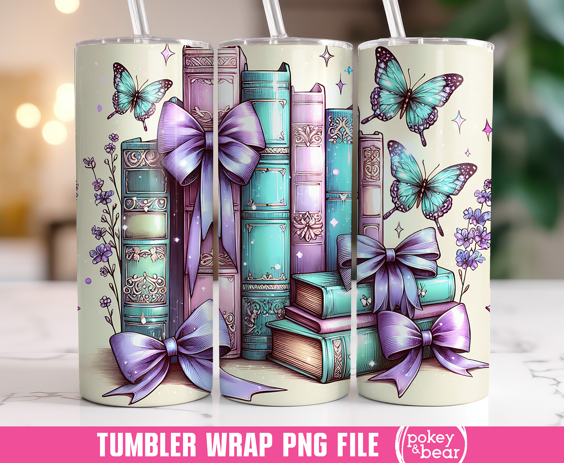 Whimsical Book Stack with Butterflies and Bows in Pastel Hues | Jiffy ...