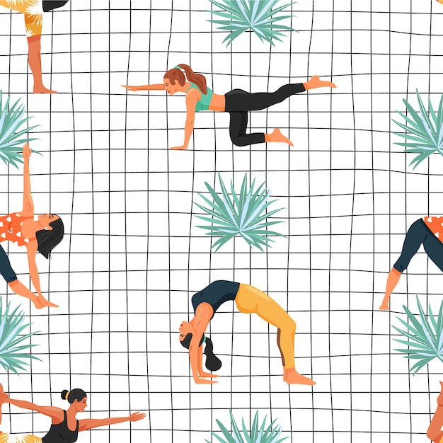 Vibrant Yoga Poses and Tropical Leaves Grid Pattern | Jiffy Designs
