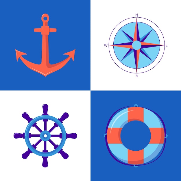 Vibrant Maritime Symbols: Anchor, Compass, Wheel, and Lifesaver | Jiffy ...