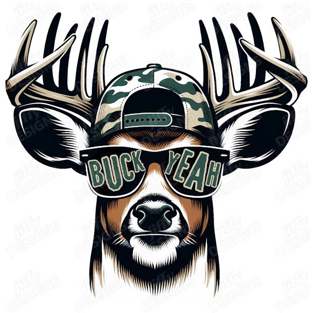 'Buck Yeah' Stylized Deer Head with Camouflage Cap and Sunglasses | Jiffy Designs