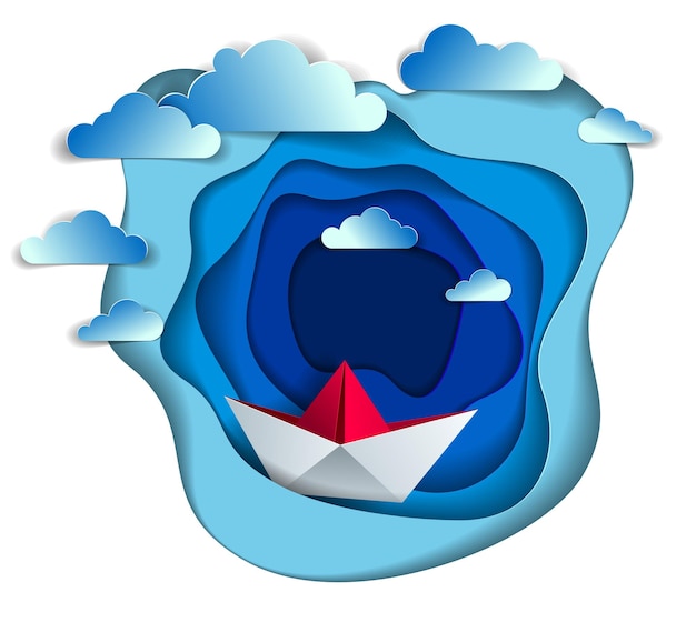 Vibrant Paper Boat Sailing Through Layered Cloud Formations | Jiffy Designs