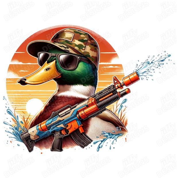 Combat Duck with Sunglasses and Rifle Against Sunset Backdrop | Jiffy ...