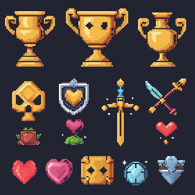 Diverse Pixel Art Collection of Gaming Trophies and Icons | Jiffy Designs