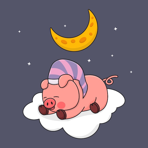 Sleepy Piglet Napping on Fluffy Cloud Under Crescent Moon | Jiffy Designs