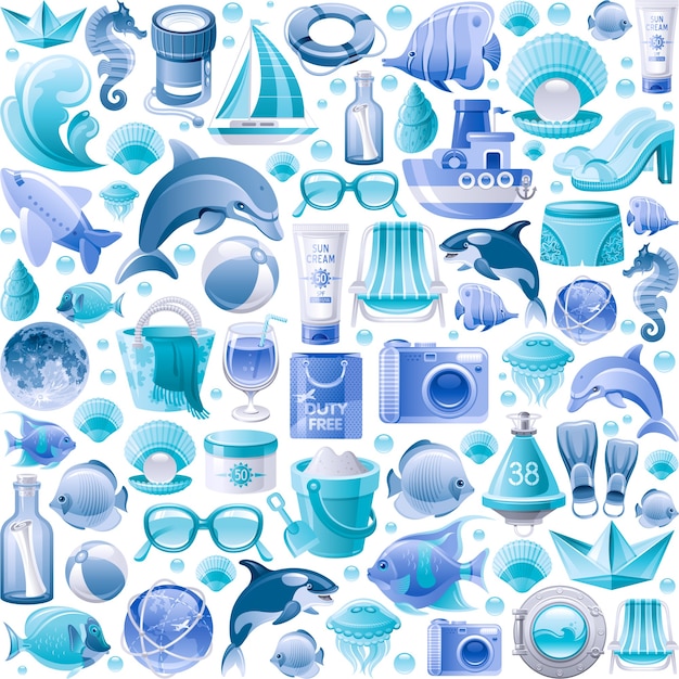 Vibrant Collection of Diverse Ocean-Inspired Symbols and Elements ...