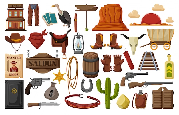 Iconic Wild West Symbols: Saloon, Cowboy Gear, and Desert Landscapes ...