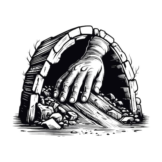 Powerful Hands Emerging from Crumbling Ruins in Dramatic Illustration ...