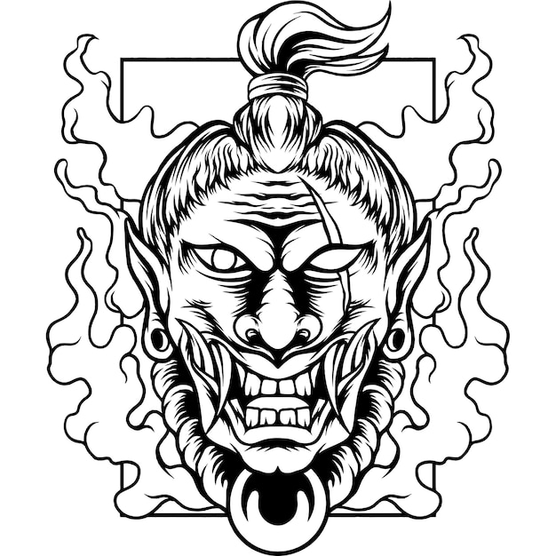 Fearsome Oni Mask: A Striking Monochrome Depiction | Jiffy Designs