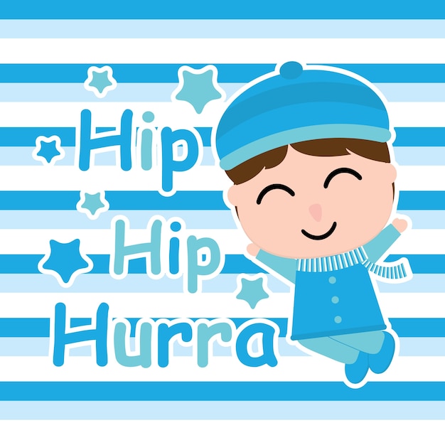 Cheerful Cartoon Boy in Blue Outfit with 'Hip Hip Hurra' | Jiffy Designs